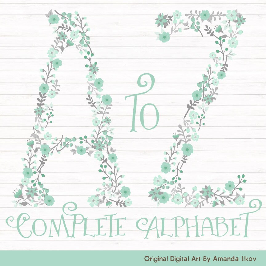 Professional Floral Alphabet Clipart & Vectors Mint and Grey - Etsy