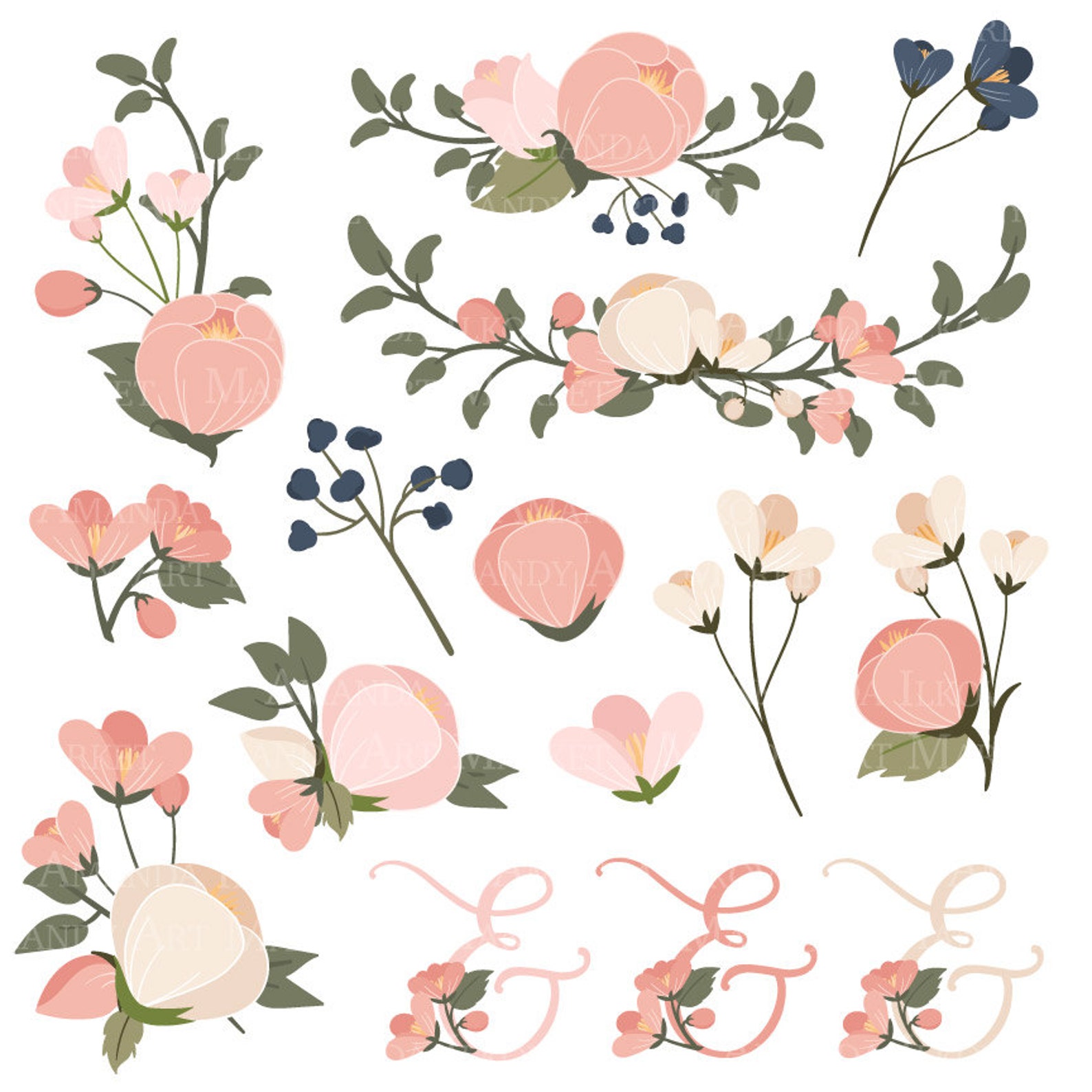 Emma Floral Heart Clipart & Vectors in Navy and Blush Navy - Etsy