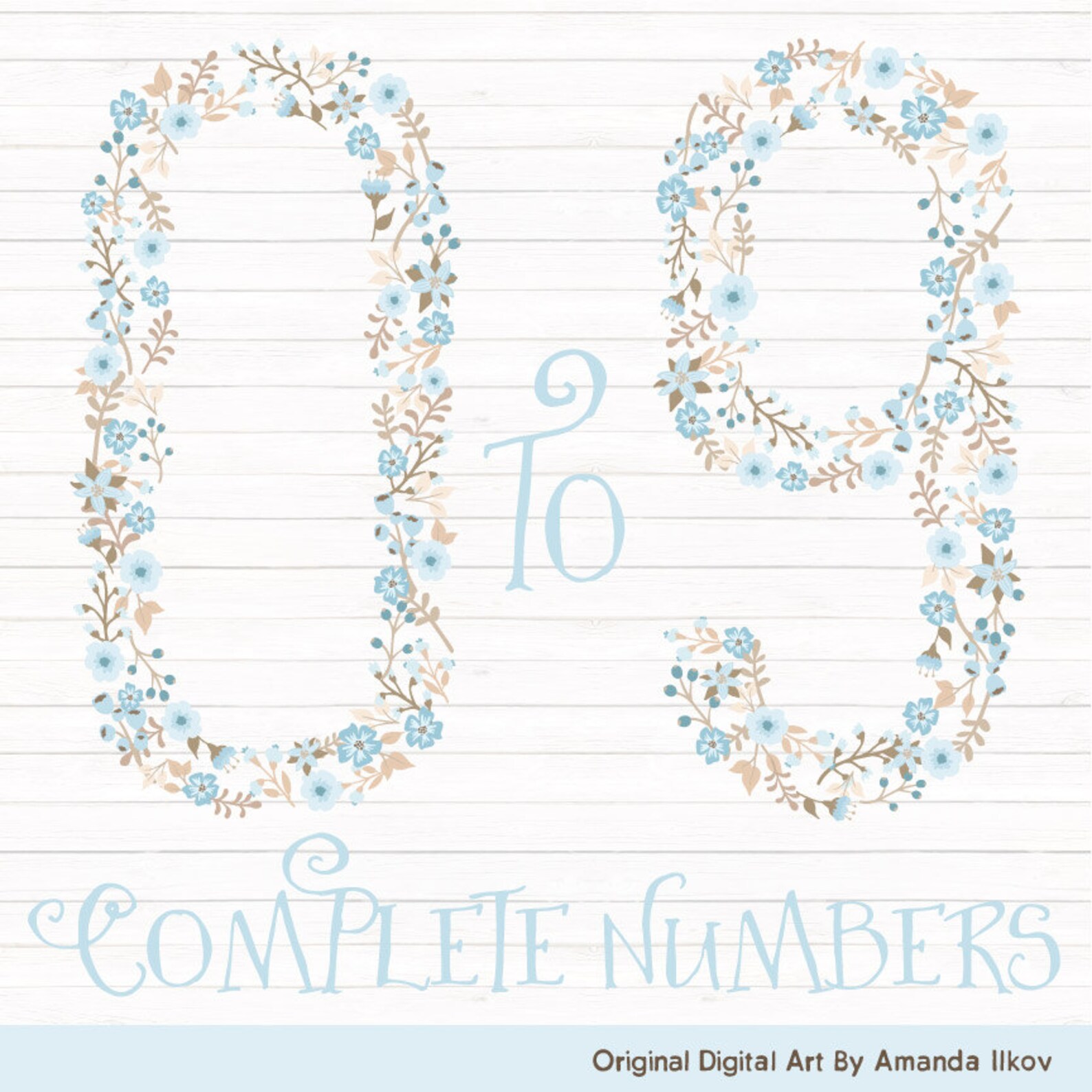 Premium Floral Numbers Clipart & Vectors in Soft Blue Soft | Etsy
