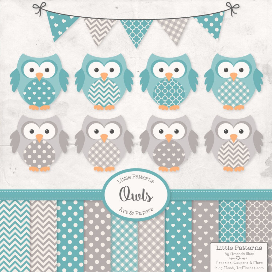 Premium Owl Clipart, Vectors & Digital Papers in Vintage Blue Vintage ...
