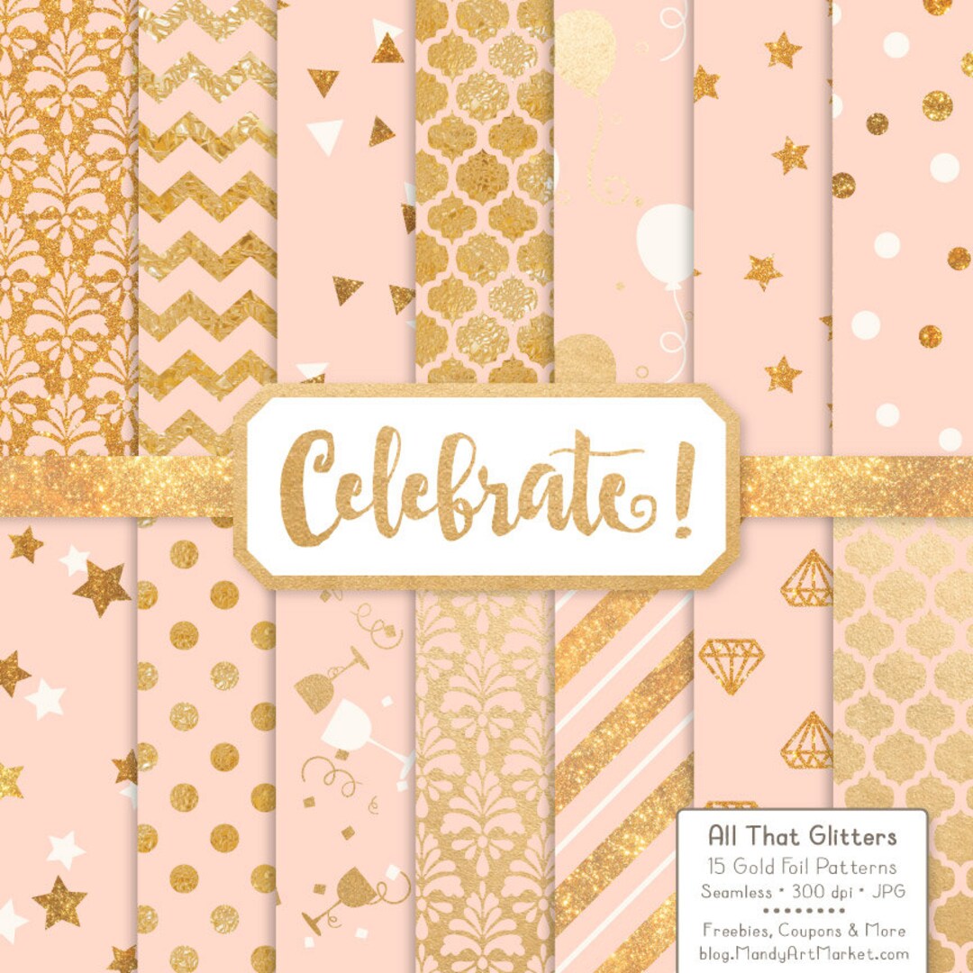 Premium Gold Foil Peach Digital Papers - Party Patterns, Party Digital ...