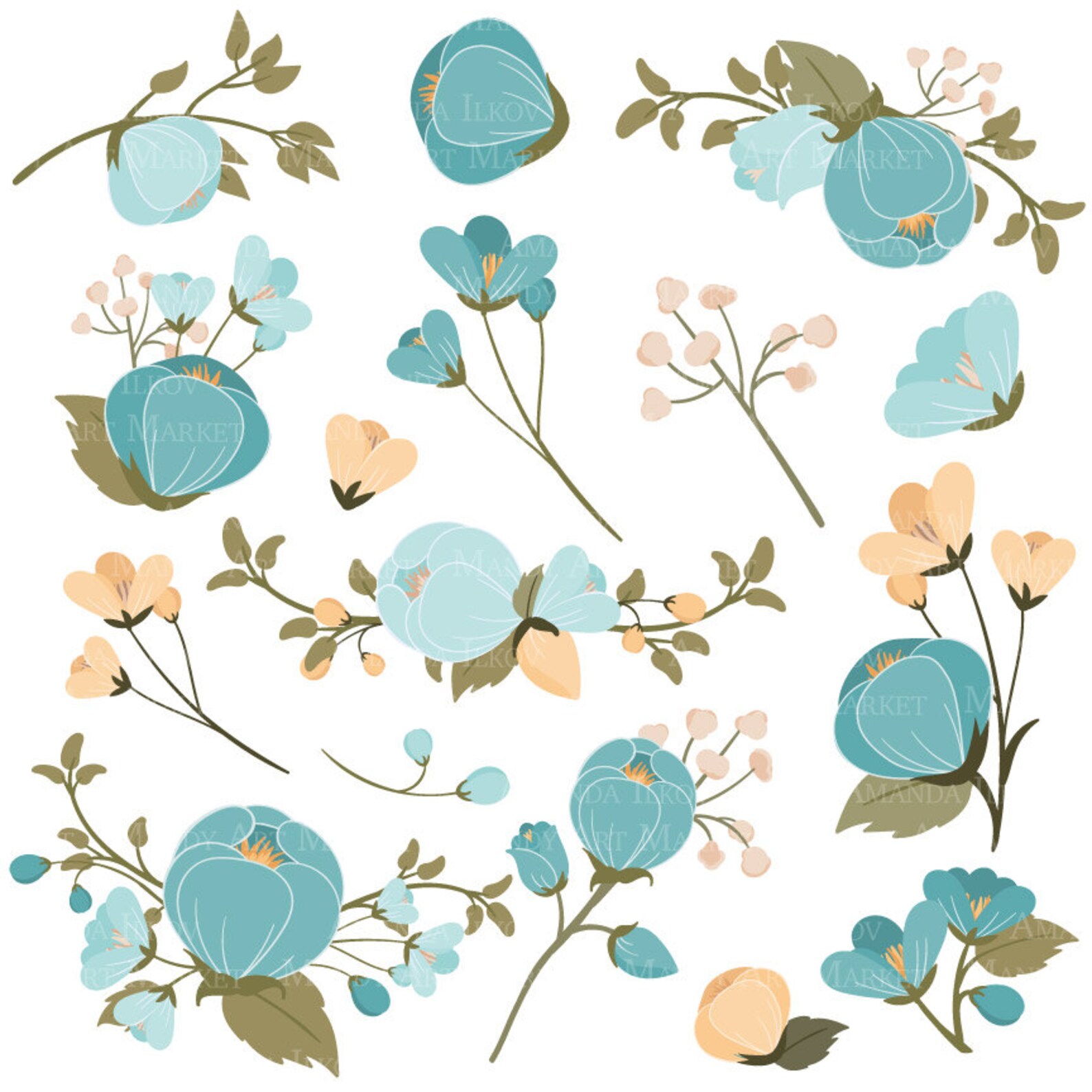 Emma Floral Bunches Clipart & Vectors Vintage Flowers Teal - Etsy