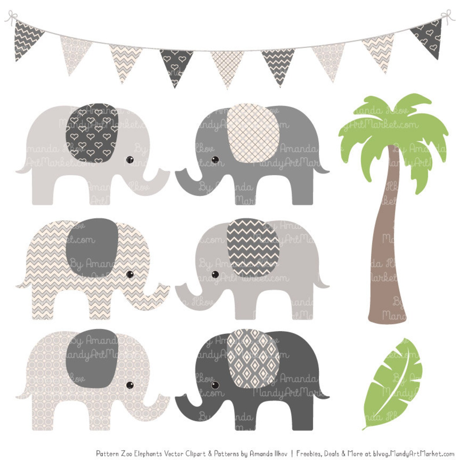 Patterned Grey Elephants Clipart and Digital Papers Grey - Etsy