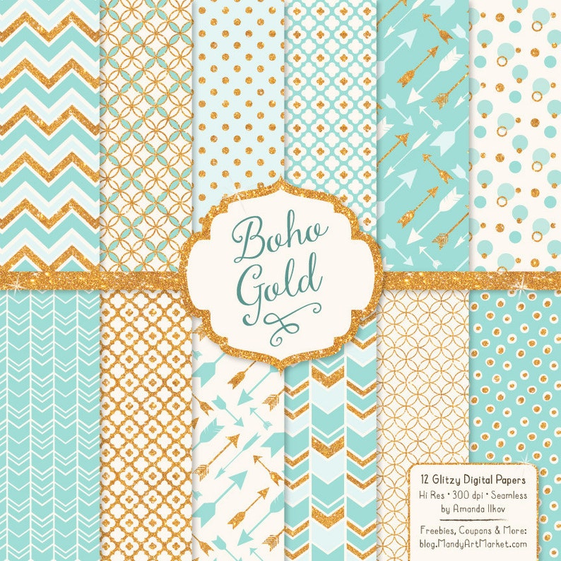 Premium Boho Gold Glitter Digital Paper in Aqua - Gold Digital Paper ...