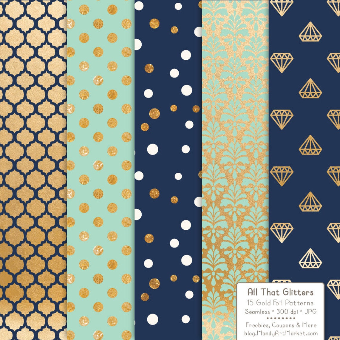 Premium Gold Foil Navy & Mint Digital Papers - Party Patterns, Party ...