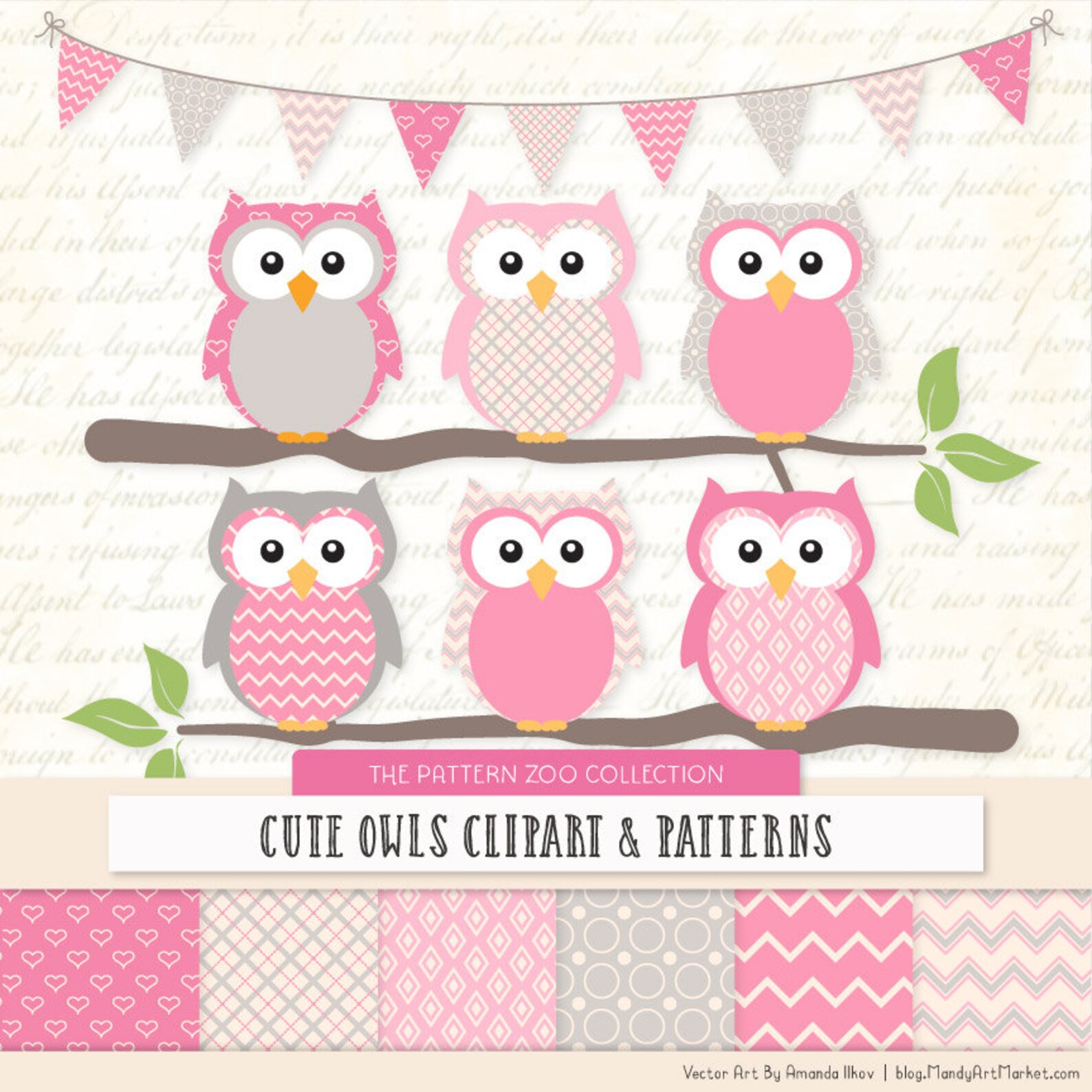 Patterned Pink Owls Clipart and Digital Papers Pink Owl | Etsy