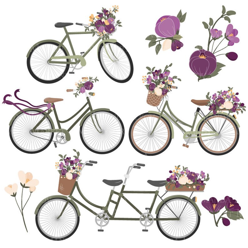 Emma Floral Bicycle Clipart & Vectors in Plum - Plum Bicycles, Flower ...