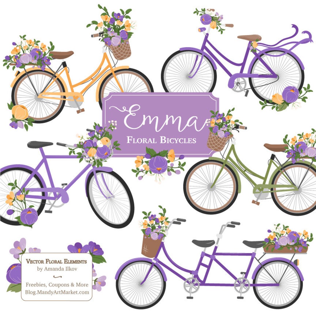 Emma Floral Bicycle Clipart & Vectors in Crocus Purple Bicycles, Spring ...
