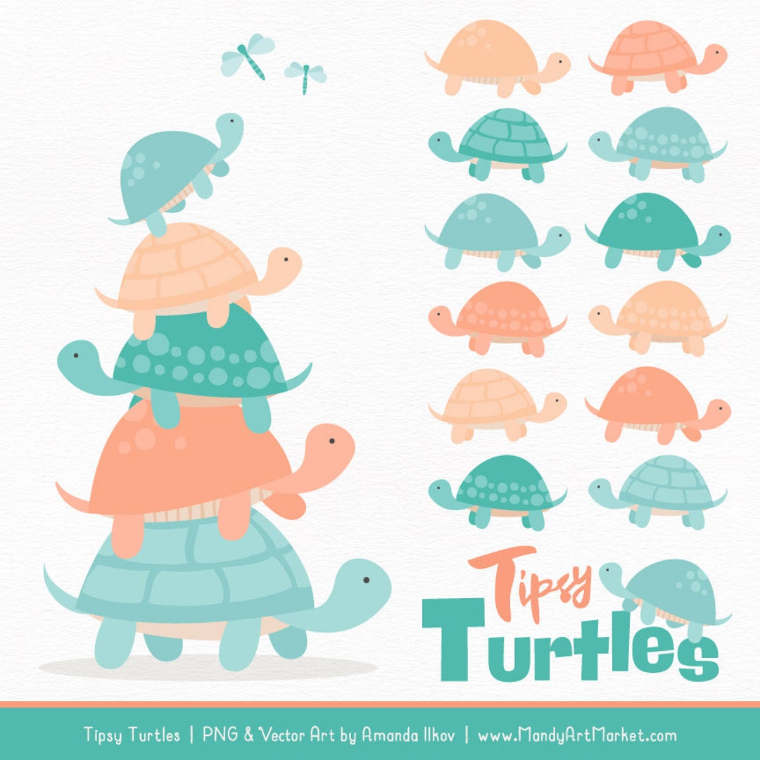 Professional Turtle Stack Clipart in Aqua & Peach Turtle Clipart ...