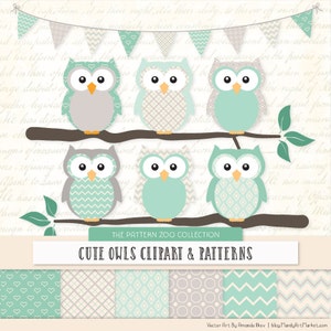 Patterned Mint Owls Clipart and Digital Papers - Mint Owl Clipart, Owl ...