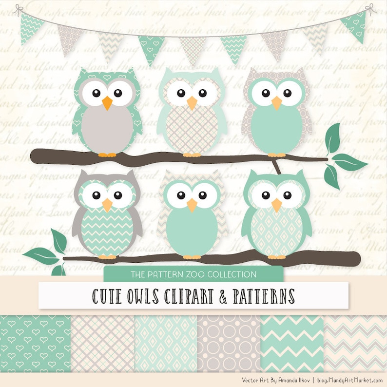 Patterned Mint Owls Clipart and Digital Papers Mint Owl - Etsy