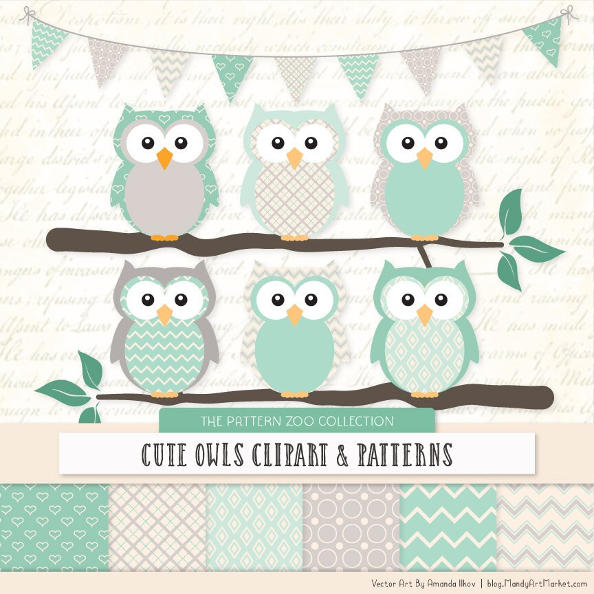 Patterned Mint Owls Clipart and Digital Papers - Mint Owl Clipart, Owl ...