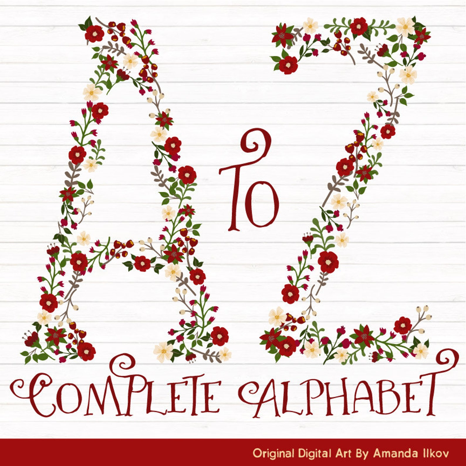 Professional Floral Alphabet Clipart & Vectors Christmas - Etsy