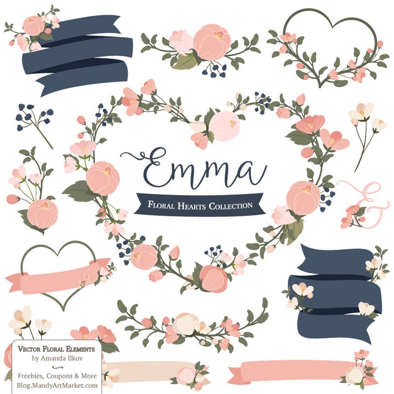 Emma Floral Heart Clipart & Vectors in Navy and Blush - Navy Flowers ...