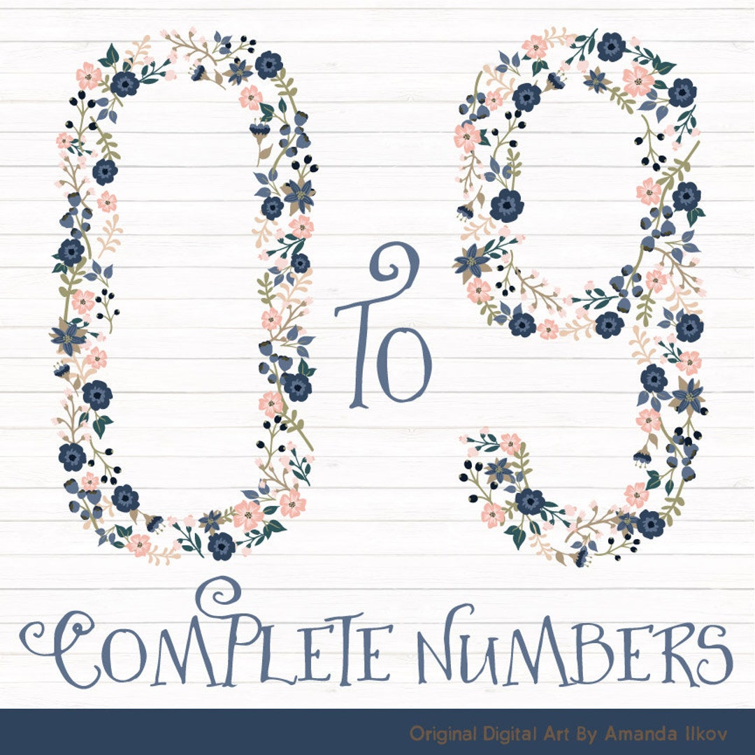 Premium Floral Numbers Clipart & Vectors in Navy and Blush - Etsy