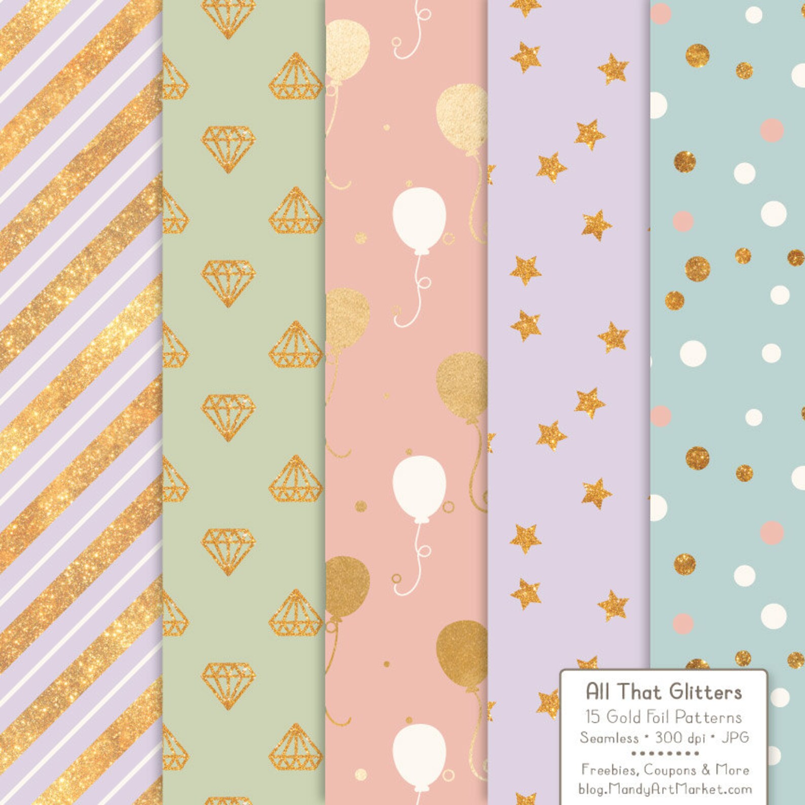 Celebrate Gold Foil Digital Papers in Grandmas Garden Party Patterns ...