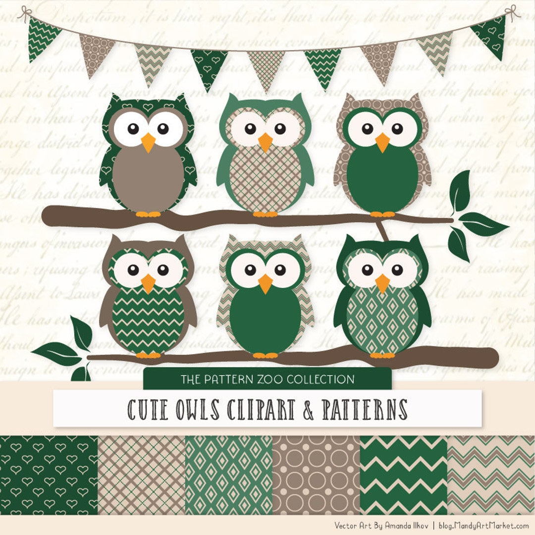 Patterned Emerald Owls Clipart and Digital Papers - Green Owl Clipart ...