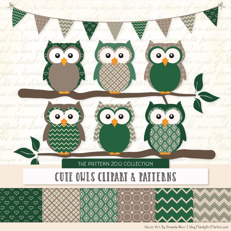 Patterned Emerald Owls Clipart and Digital Papers Green Owl - Etsy