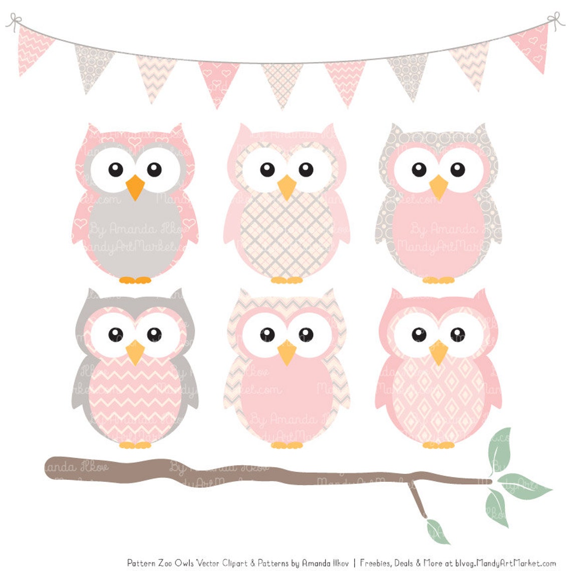 Patterned Soft Pink Owls Clipart and Digital Papers - Soft Pink Owl ...