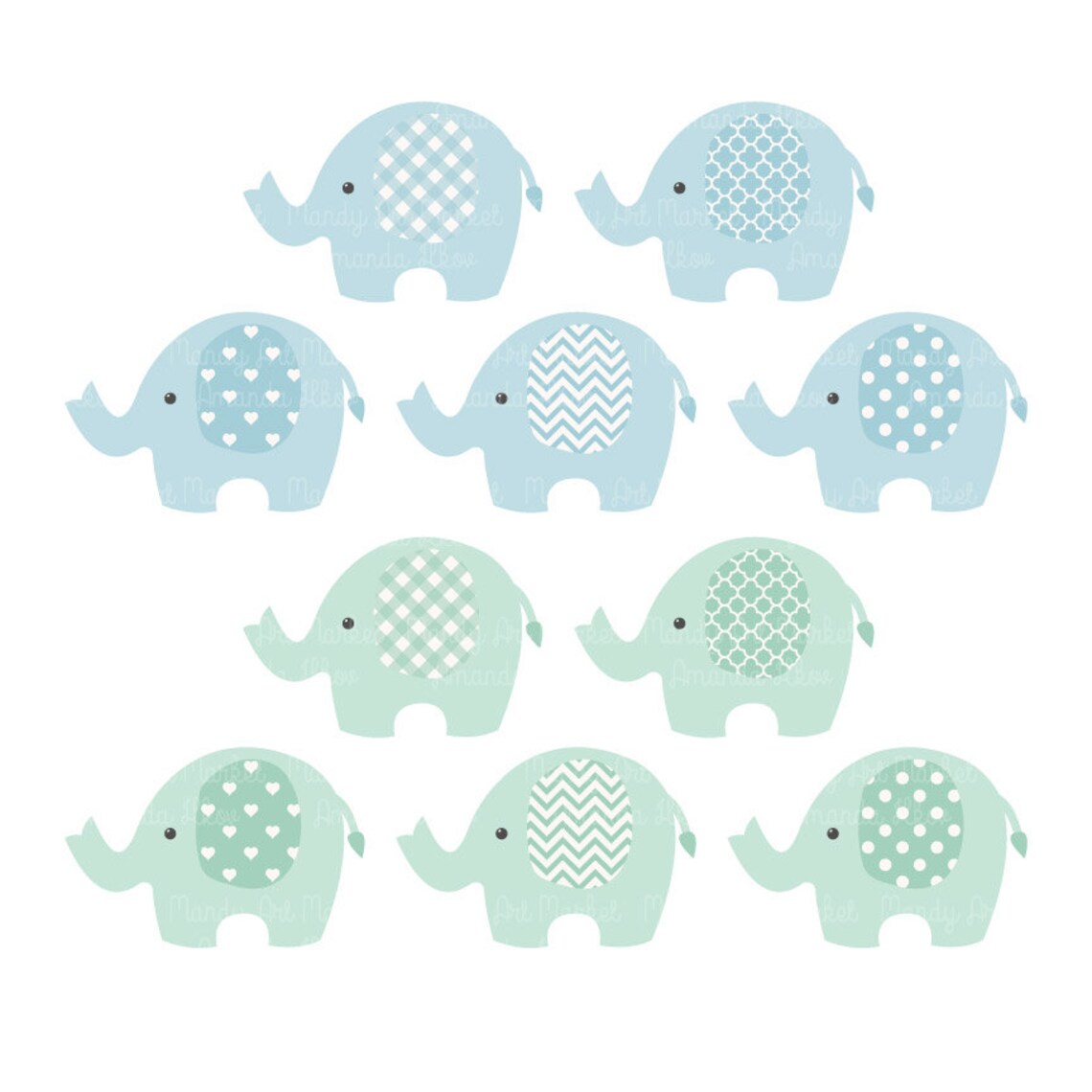 Premium Elephant Clipart, Vectors & Digital Papers in Blue Mint - Mint ...