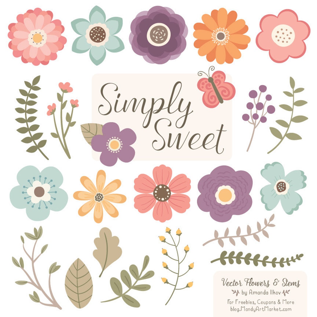 Cute Flowers Clipart in Vintage - Vintage Vector Flowers, Vintage ...