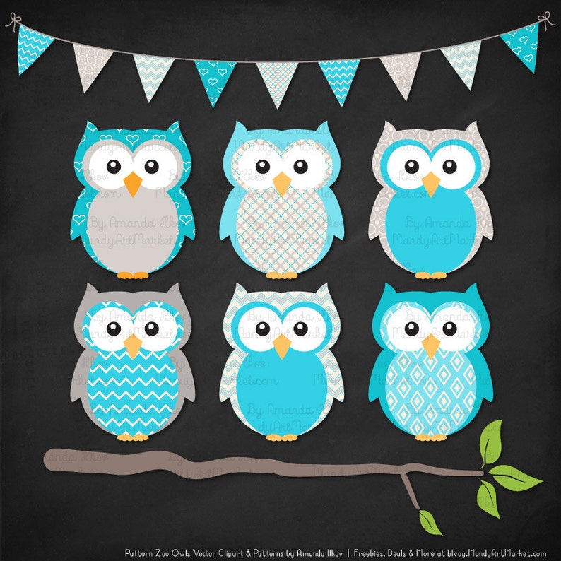 Patterned Tropical Blue Owls Clipart and Digital Papers - Bright Blue ...