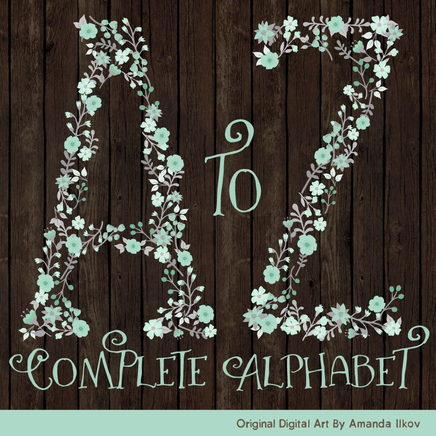Professional Floral Alphabet Clipart & Vectors - Mint and Grey Floral ...