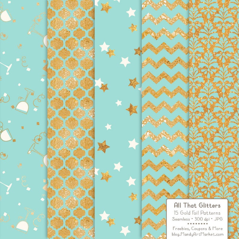 Celebrate Gold Foil Digital Papers in Aqua Party Patterns | Etsy