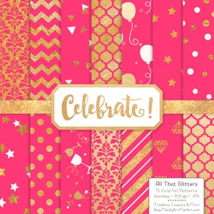 Premium Gold Foil Hot Pink Digital Papers - Party Patterns, Party ...