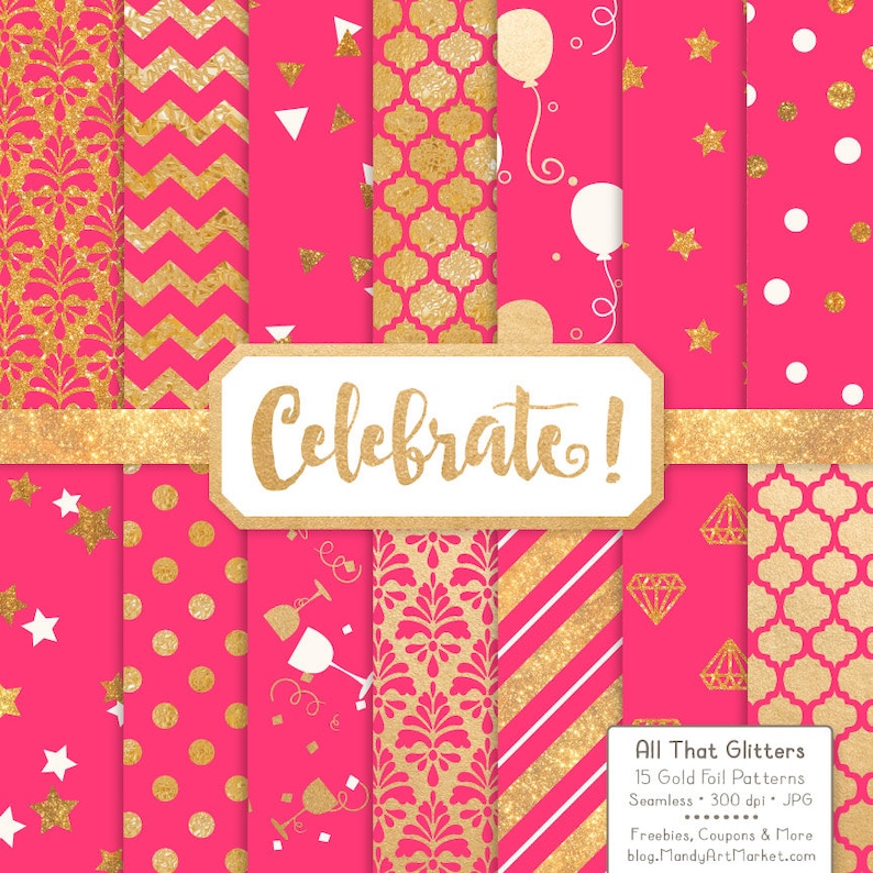 Premium Gold Foil Hot Pink Digital Papers party patterns | Etsy