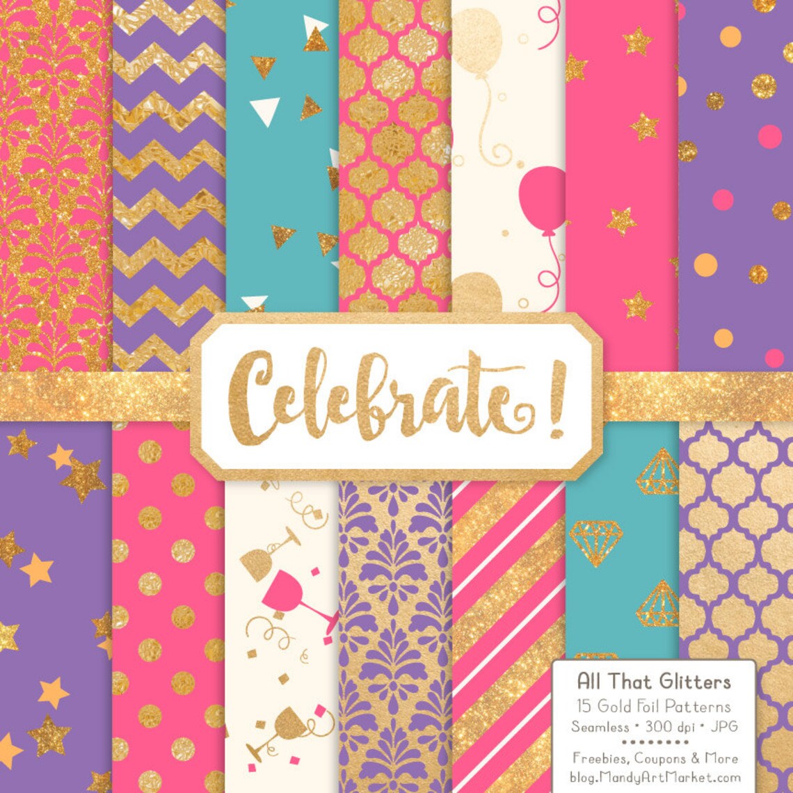 Celebrate Gold Foil Digital Papers in Crayon Box party | Etsy