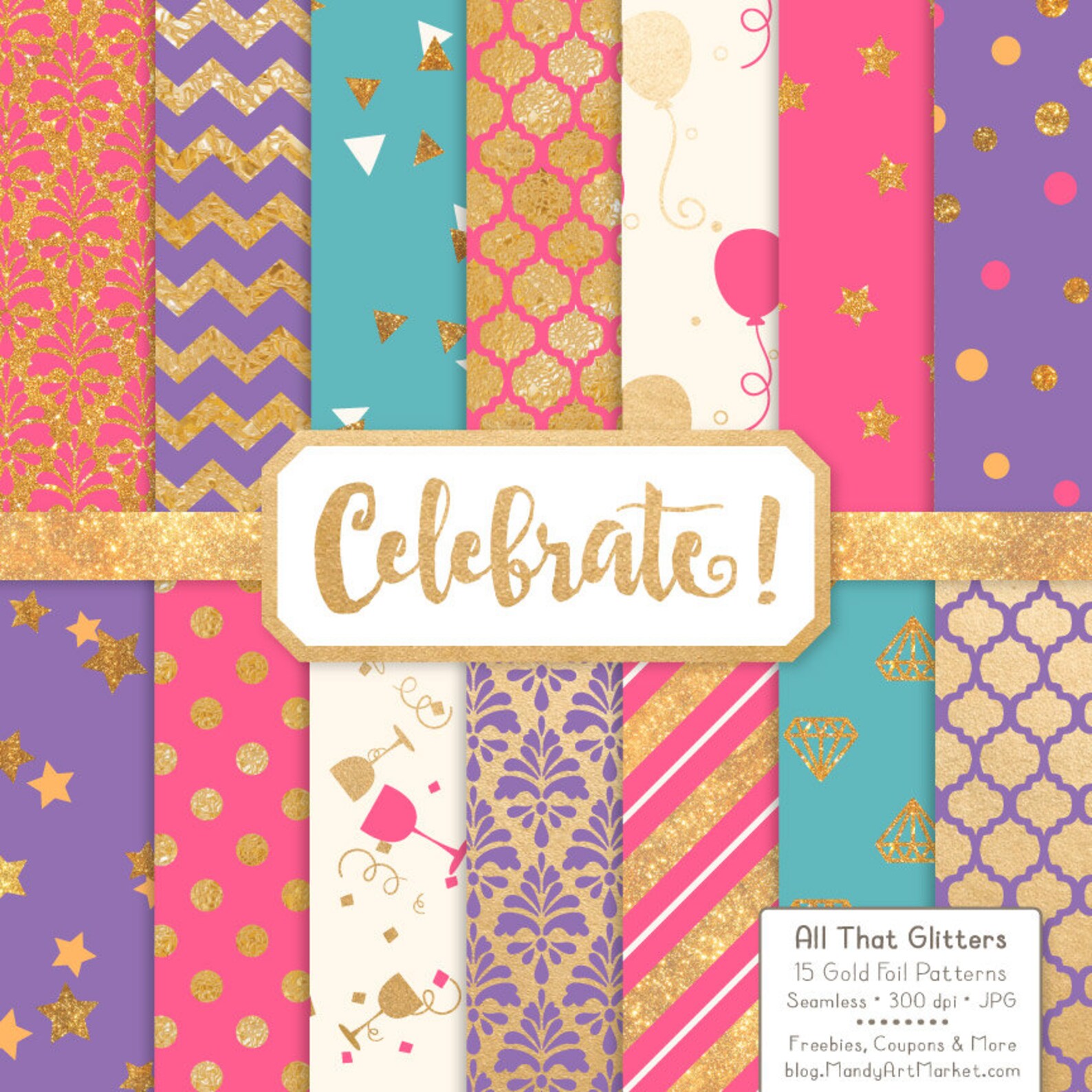Celebrate Gold Foil Digital Papers in Crayon Box Party - Etsy