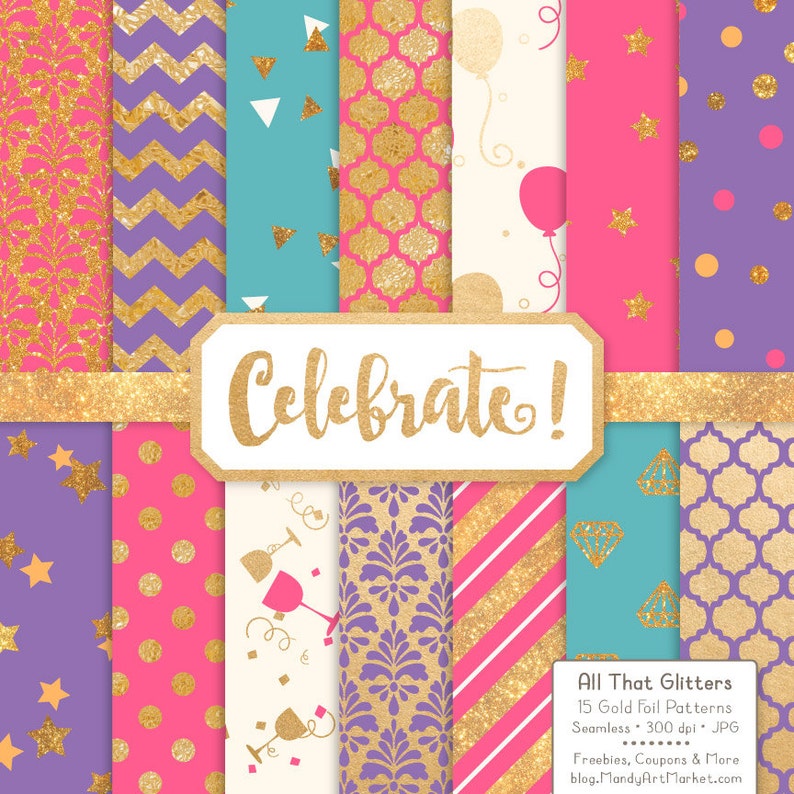 Celebrate Gold Foil Digital Papers in Crayon Box - Party Patterns ...