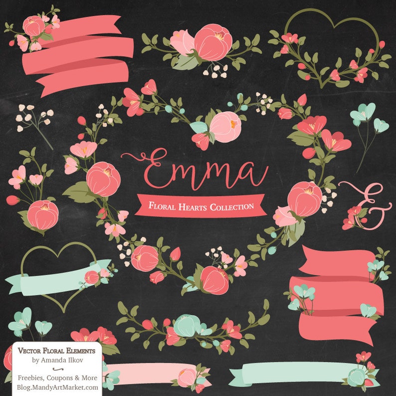 Emma Floral Heart Clipart & Vectors in Mint and Coral mint - Etsy México