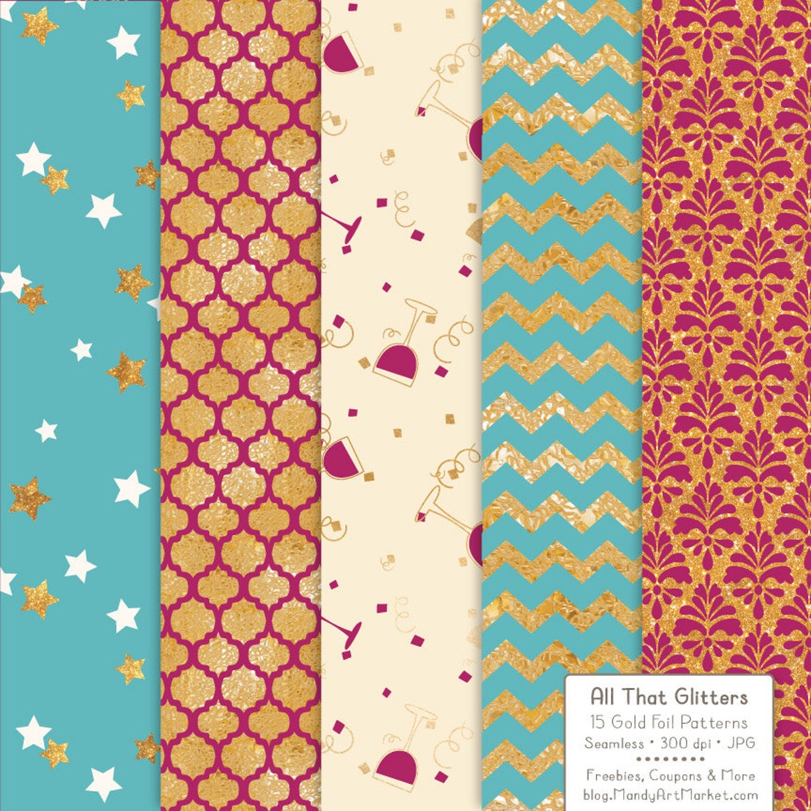 Celebrate Gold Foil Digital Papers in Bohemian - Party Patterns, Party ...
