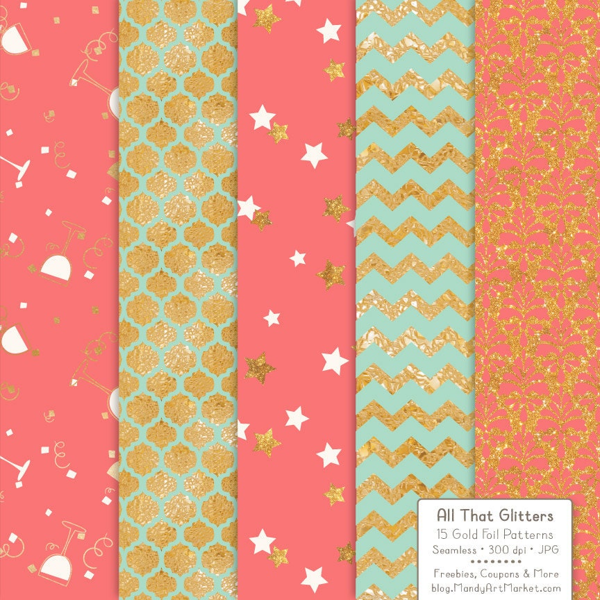 Premium Gold Foil Mint & Coral Digital Papers party | Etsy