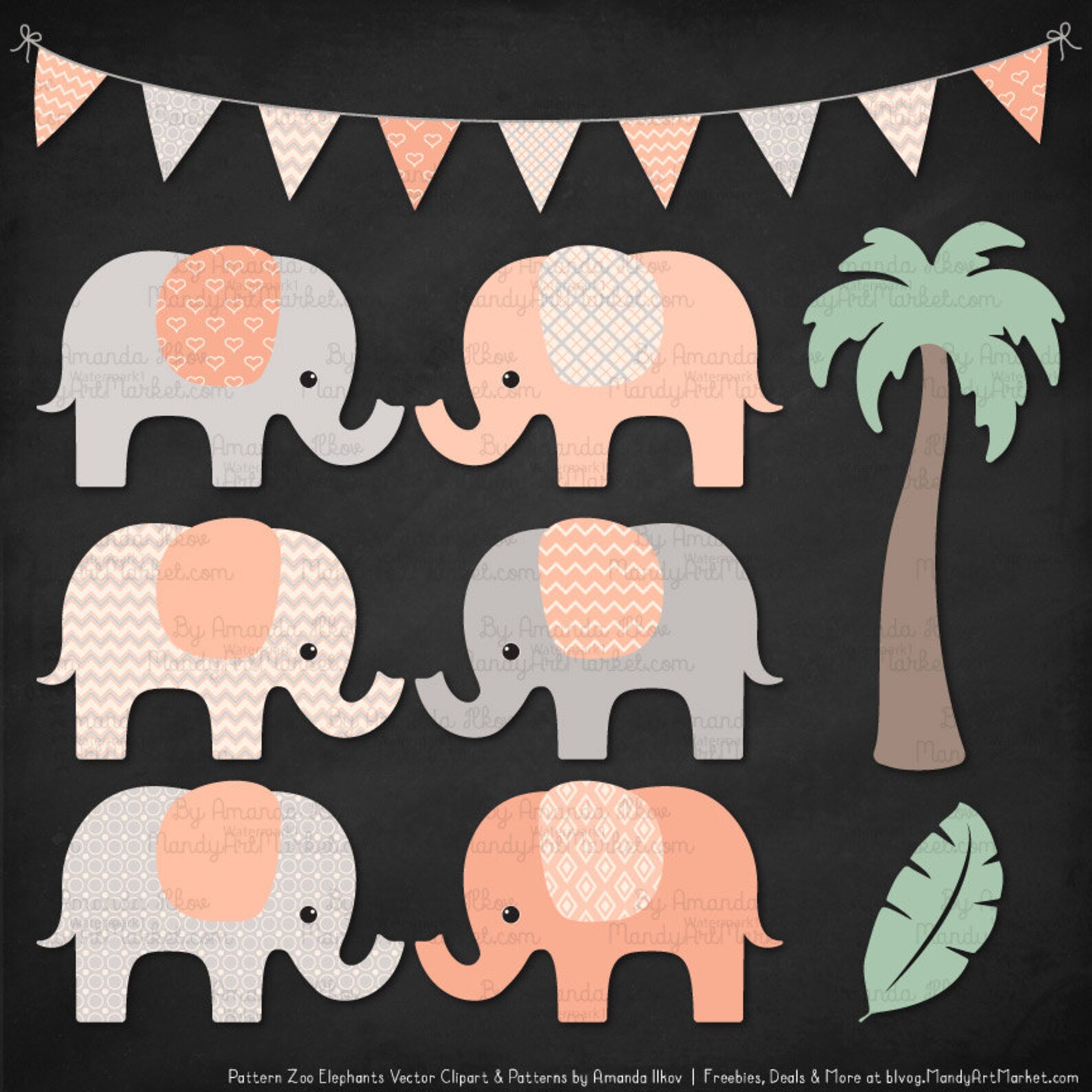 Patterned Peach Elephants Clipart and Digital Papers Peach - Etsy