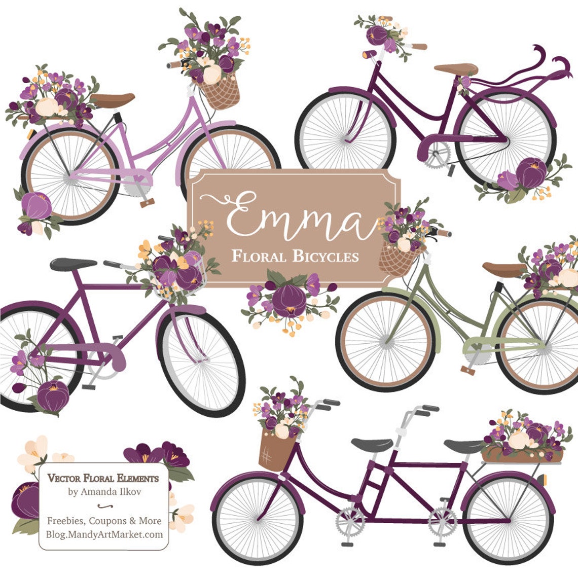 Emma Floral Bicycle Clipart & Vectors in Plum Plum Bicycles - Etsy