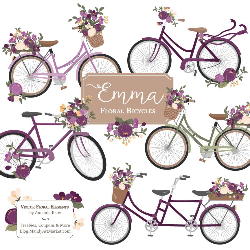Emma Floral Bicycle Clipart & Vectors in Plum plum bicycles | Etsy