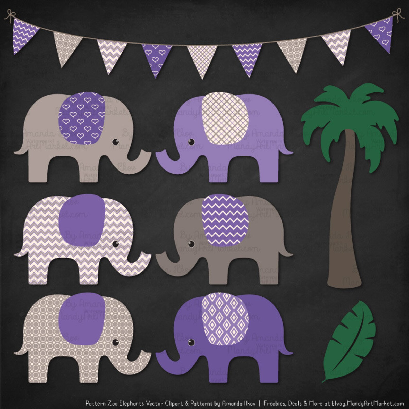 Patterned Purple Elephants Clipart and Digital Papers - Purple Elephant ...