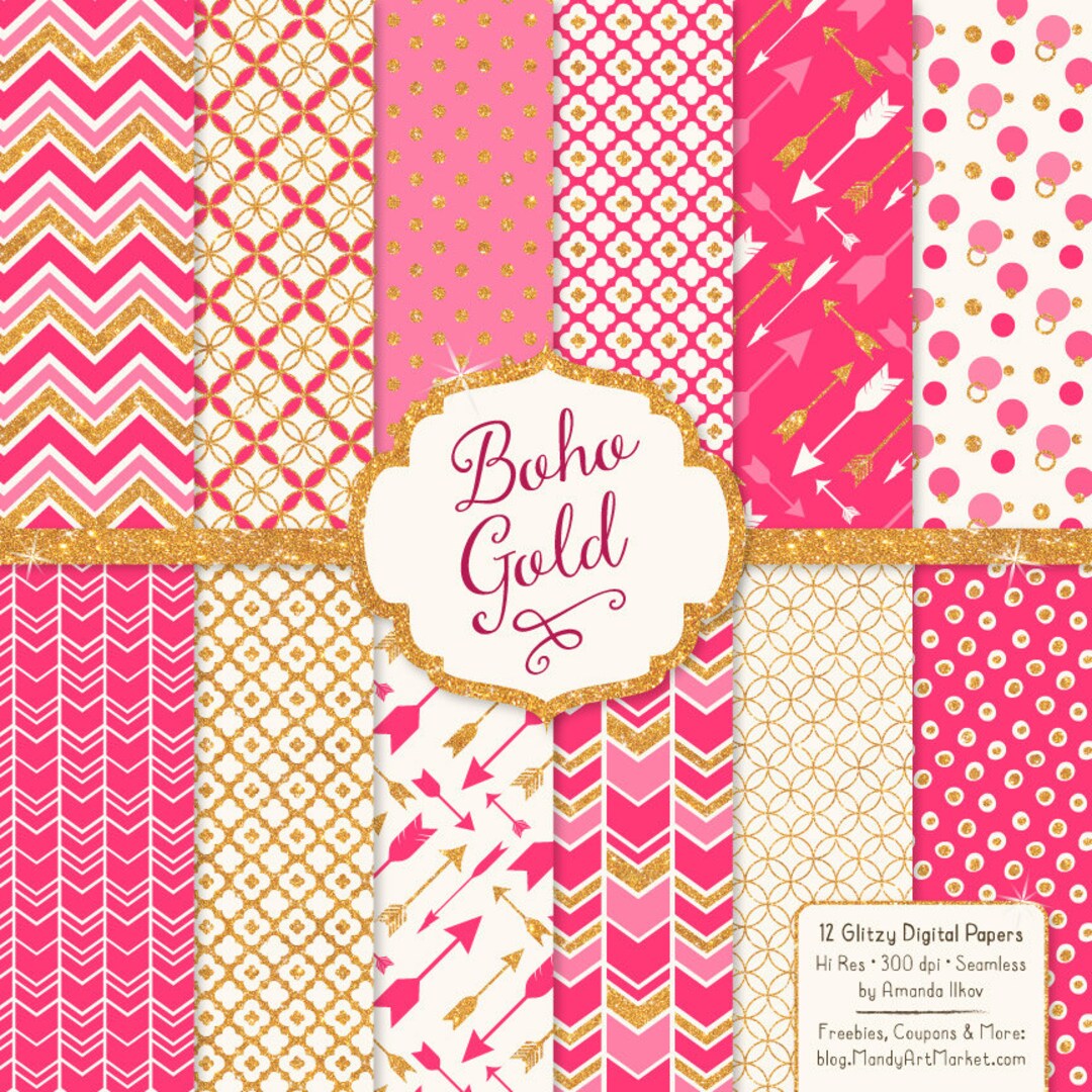 Premium Boho Gold Glitter Digital Paper in Hot Pink - Gold Digital ...