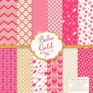 Premium Boho Gold Glitter Digital Paper in Hot Pink - Gold Digital ...