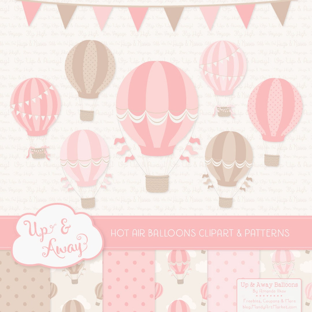 Soft Pink Hot Air Balloons Clipart With Digital Papers - Soft Pink Hot ...
