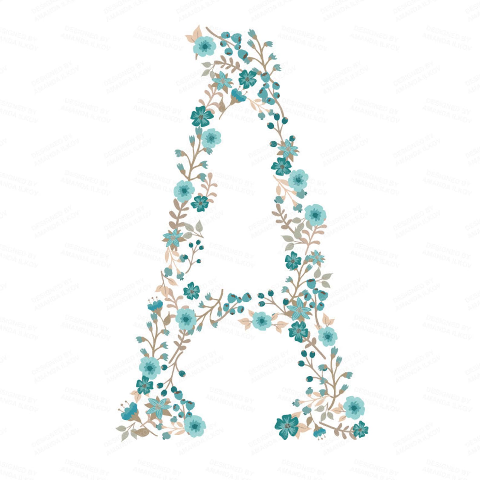 Professional Floral Alphabet Clipart & Vectors - Vintage Blue Floral ...