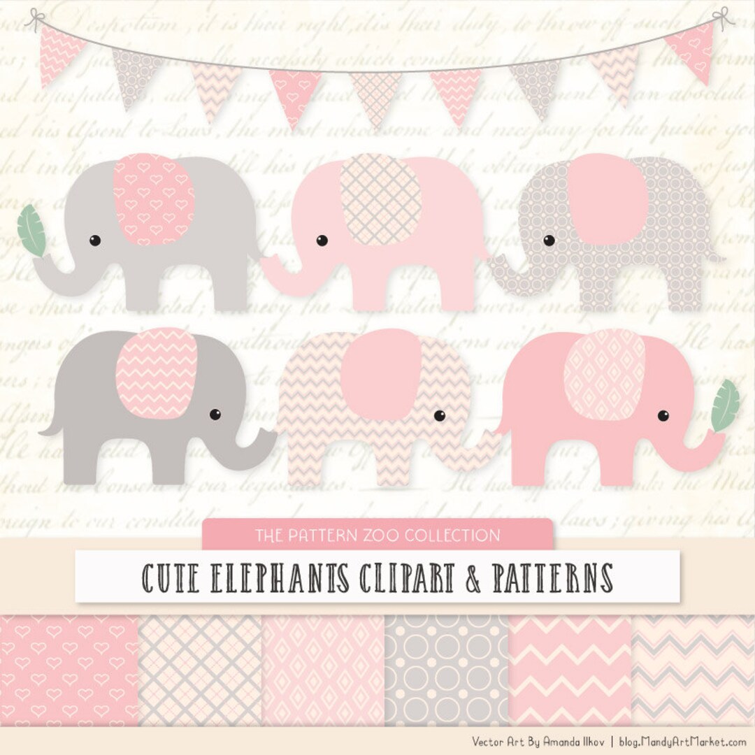Patterned Soft Pink Elephants Clipart and Digital Papers Soft Pink ...