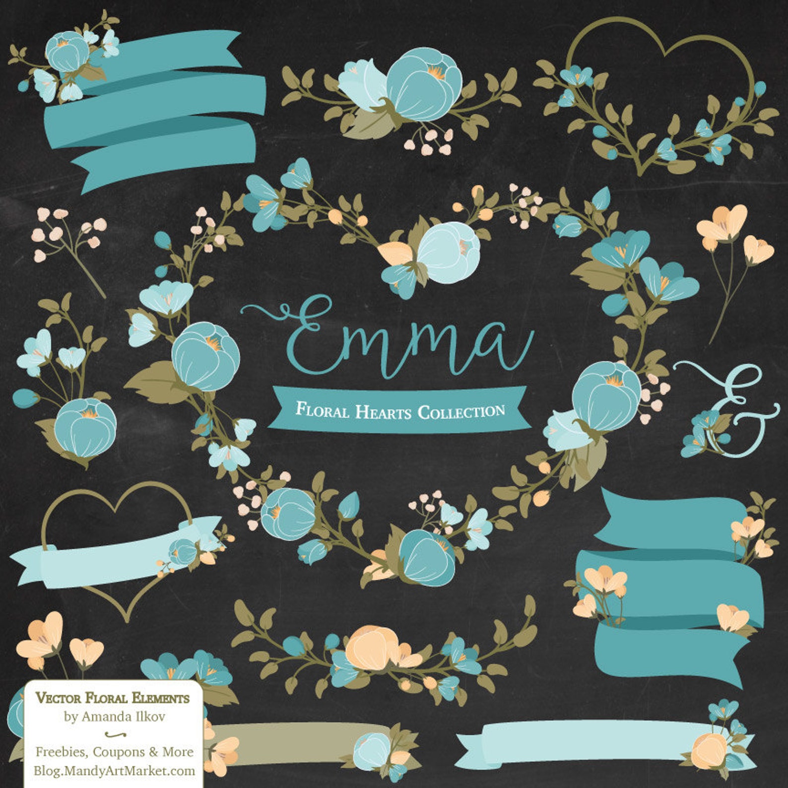 Emma Floral Heart Clipart & Vectors in Vintage Blue Teal | Etsy