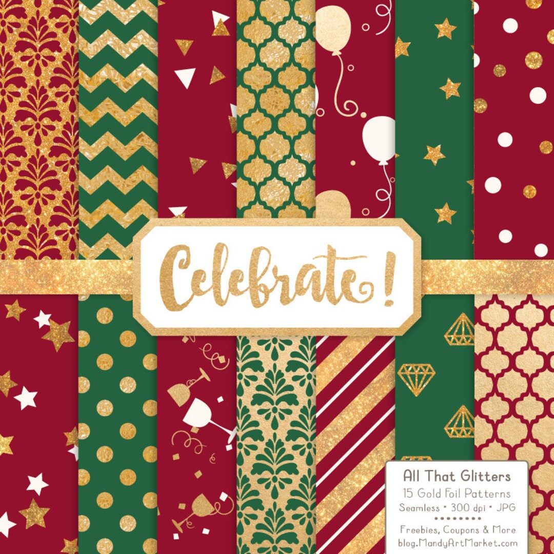 Celebrate Gold Foil Digital Papers in Christmas Party Patterns, Party ...