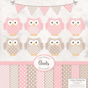 Premium Owl Clipart, Vectors & Digital Papers in Soft Pink With Tan ...