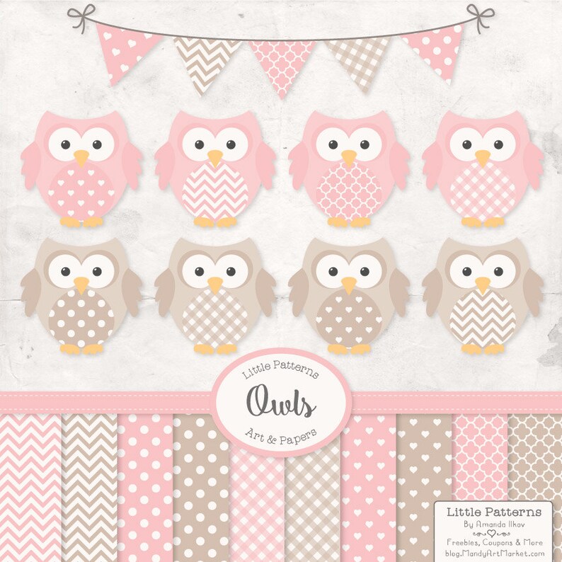 Premium Owl Clipart Vectors & Digital Papers in Soft Pink | Etsy Canada