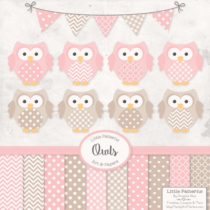 Premium Owl Clipart, Vectors & Digital Papers in Soft Pink With Tan ...